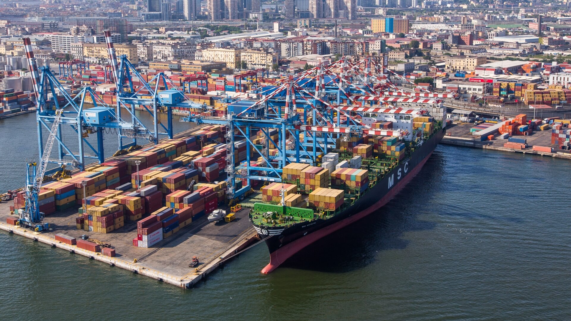 Aerial photography of MSC vessel container ship docked in spain.